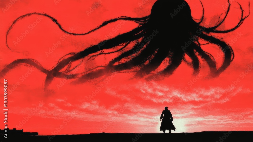Silhouette of a man facing a colossal, dark entity in a crimson sky. An ...