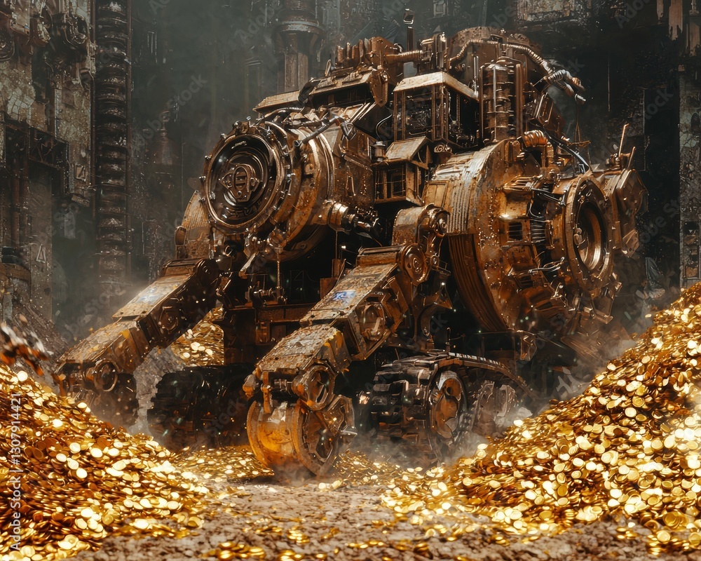 Giant steampunk miner machine surrounded by a mountain of gold coins ...