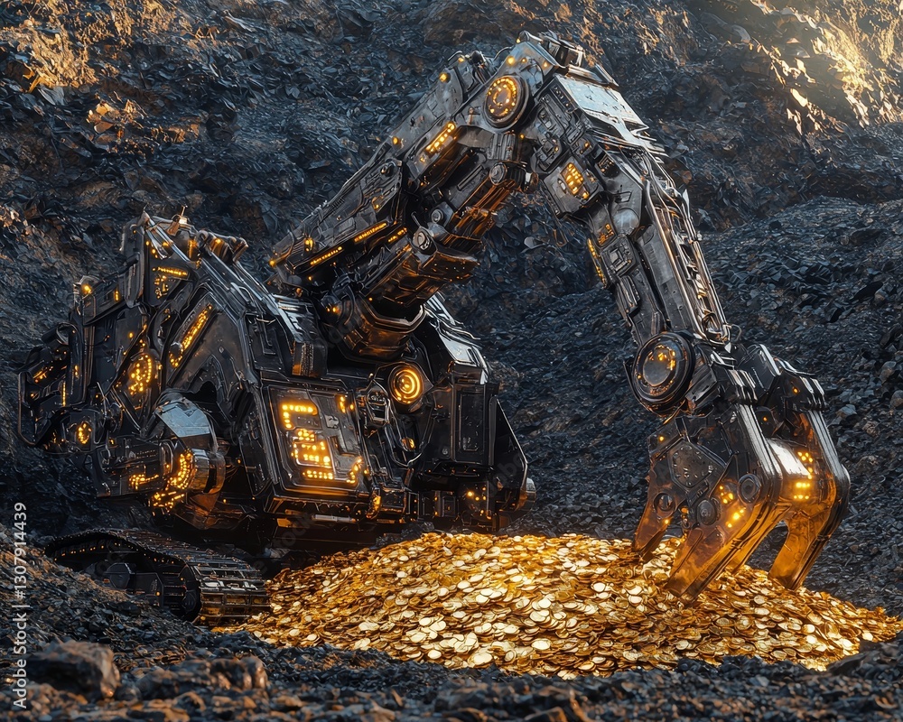 Giant steampunk miner machine surrounded by a mountain of gold coins ...