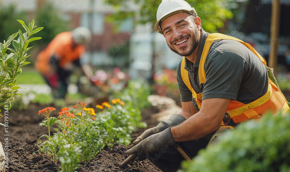 Handsome landscape garden worker portrait on the job site with his crew ...