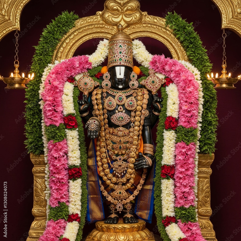 Divine Splendor: Lord Venkateswara Adorned in Sacred Jewelry and Floral ...