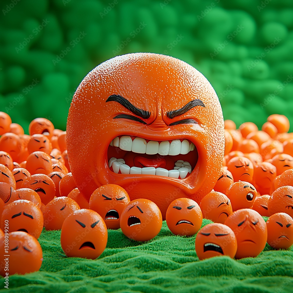 Angry orange surrounded by sad emojis Stock Photo | Adobe Stock