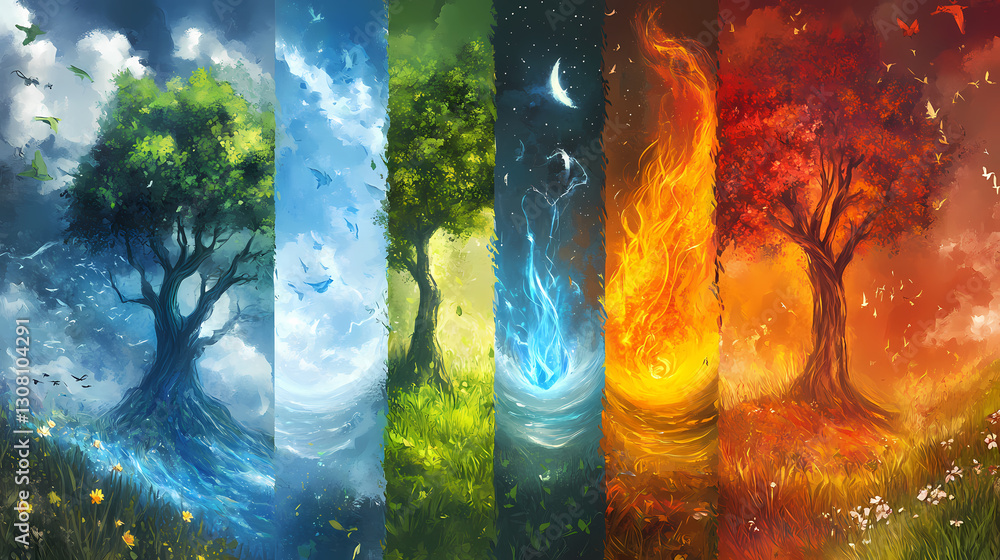 Five elements of nature represented in harmonious balance: earth, water ...