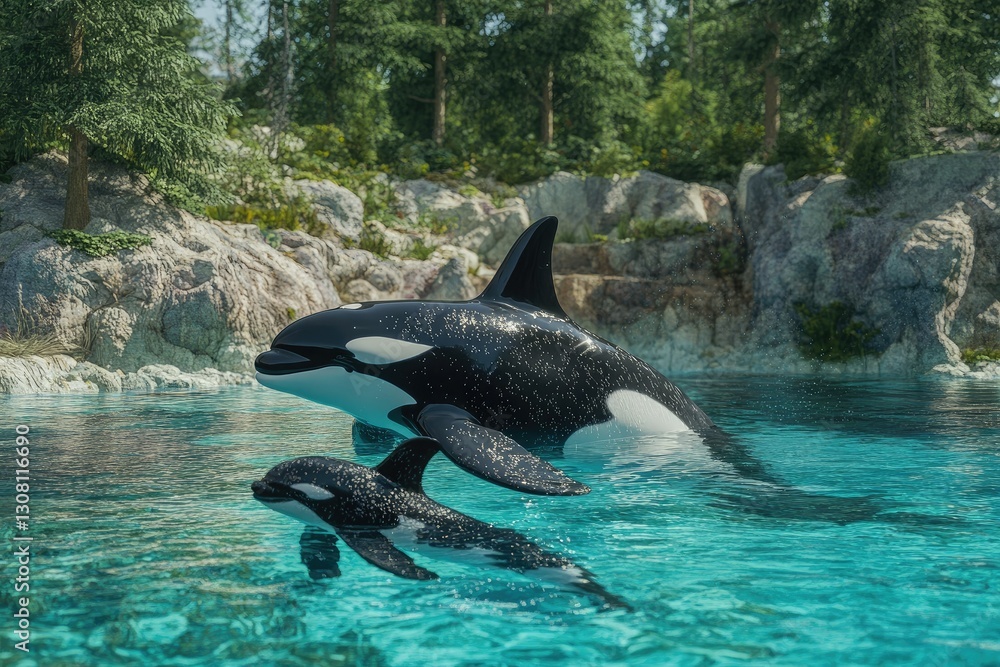 Vibrant Color Visual of Killer Whale Orcinus Orca Female with Calf ...