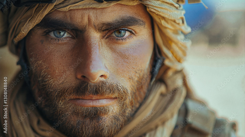 Close-up portrait of a rugged man with piercing blue eyes, wearing a ...