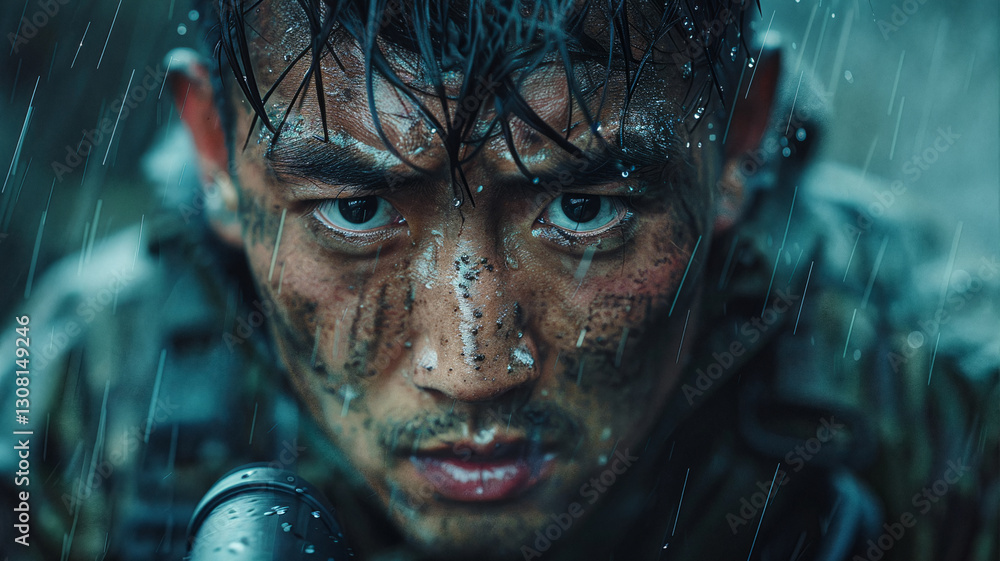 Soldier with a mud-covered face and wet hair stares intensely in the ...