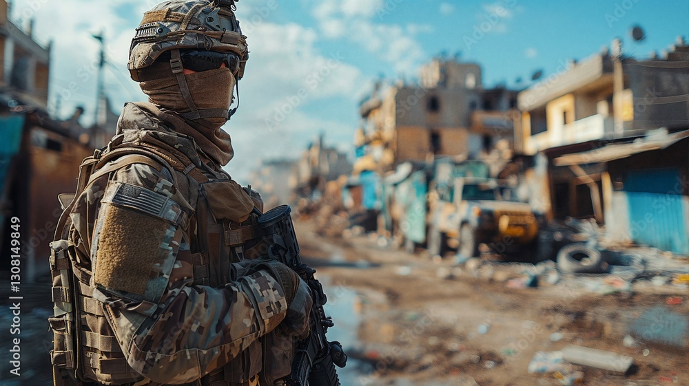 Heavily armed soldier in full tactical gear standing in a war-torn ...
