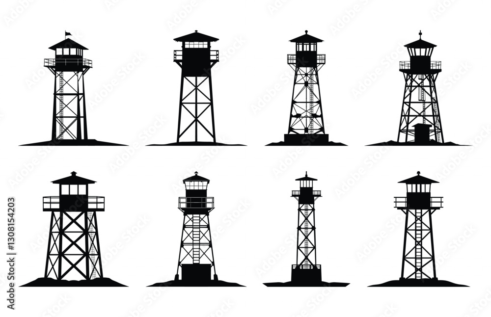 Fire Lookout Tower Vector Silhouette Set, Fire Tower Black Clipart ...