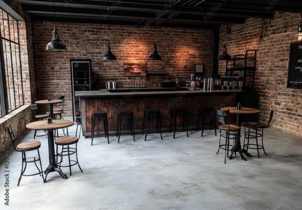 Industrial style bar interior with exposed brick walls, large bar ...