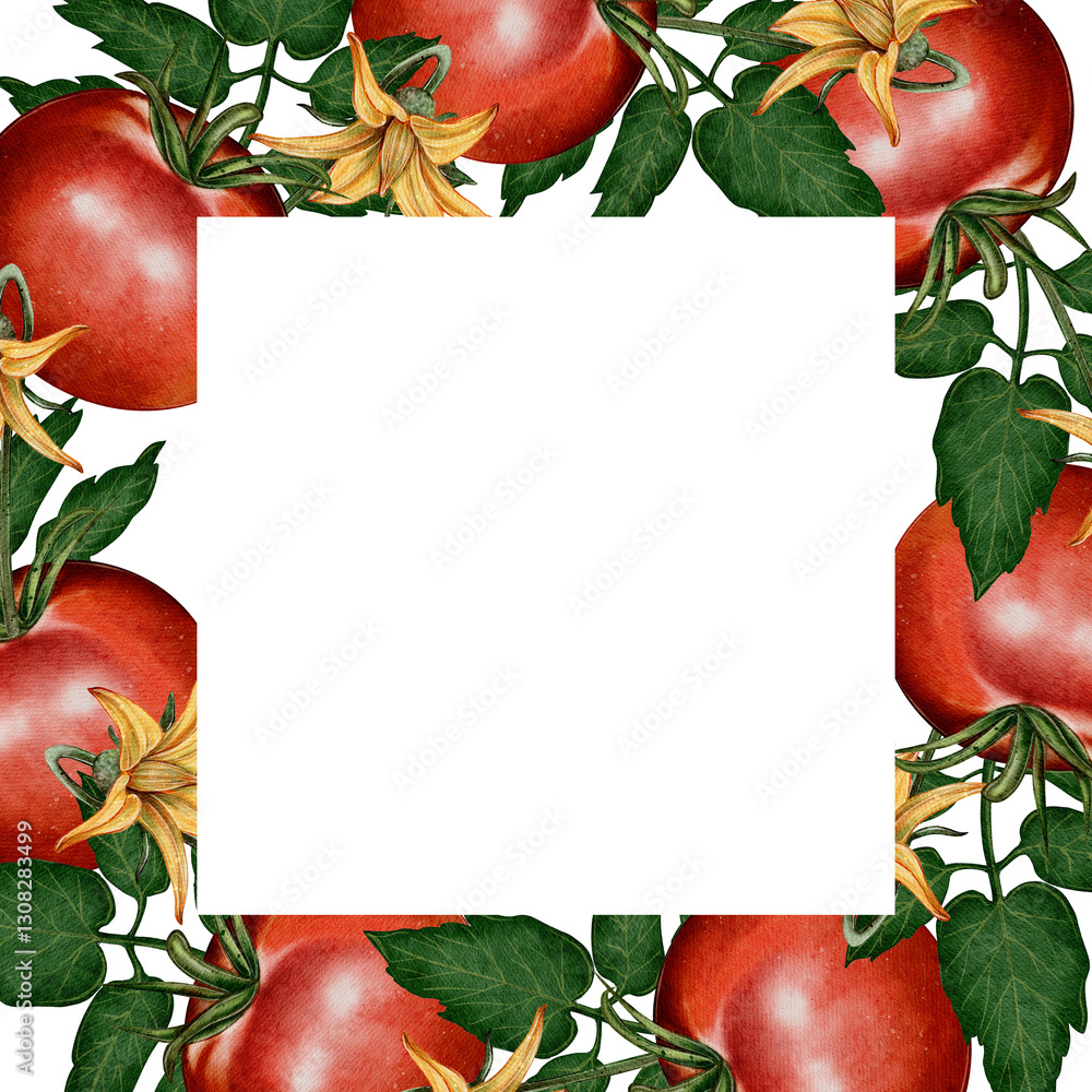 Watercolor frame with tomatoes, leaves and flowers. Ideal for menus ...
