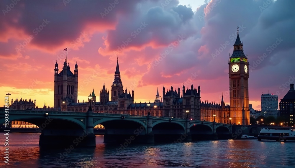 Dusk light bathes iconic London landmark Gothic architecture, Big Ben ...