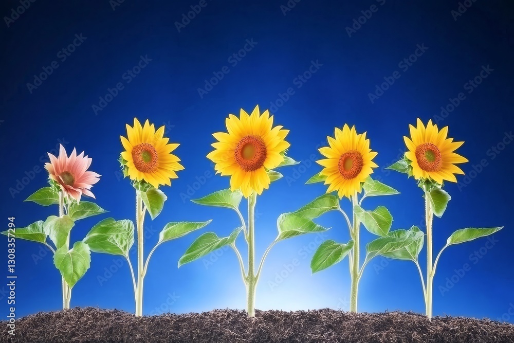 Sunflower Growth Stages Time Lapse - Five sunflowers in various growth stages symbolize growth ...