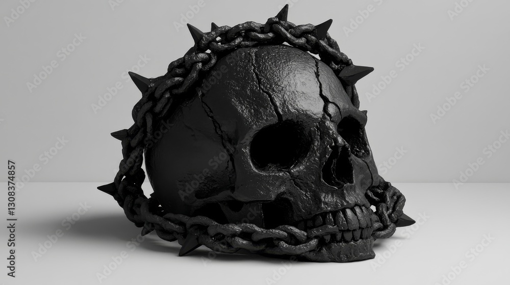 Skull wrapped in a thick, spiked chain with a simple stone crown ...