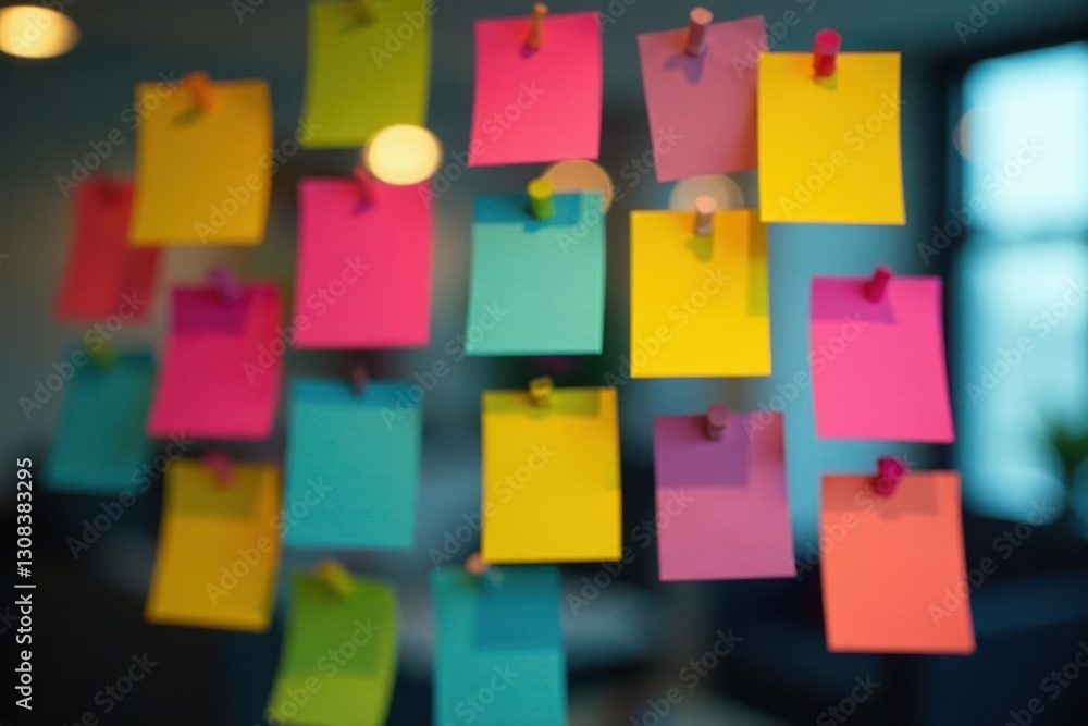 Sticky notes cover a glass wall, intense idea generation ...
