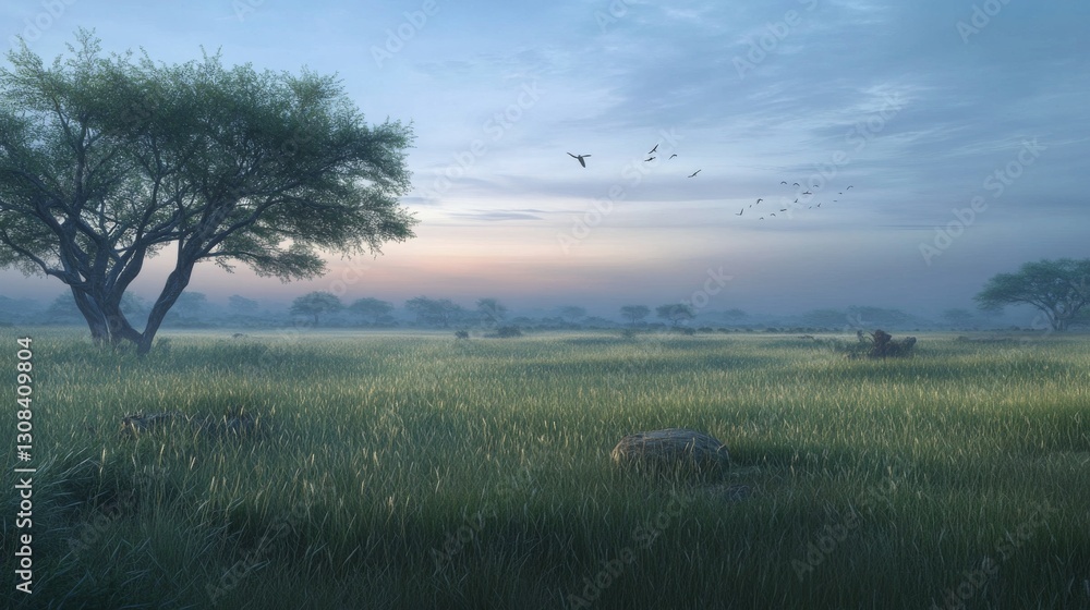 Savanna grassland ecosystem at dawn, tall grass swaying in wind, acacia ...