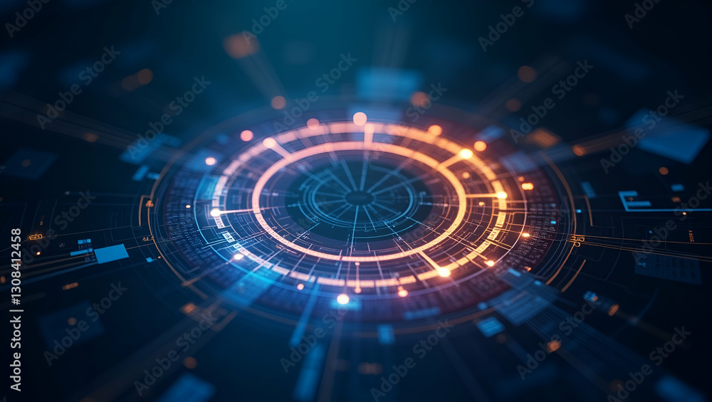 Flat A glowing circular chart shows progress in multiple operational ...