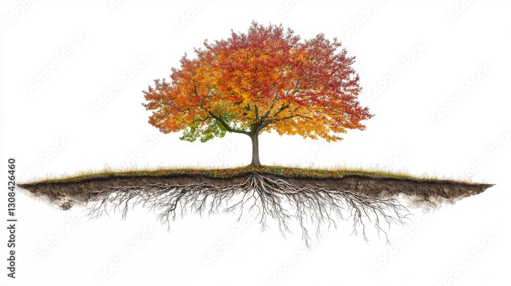 Cross-section visualization of maple tree growth stages against pure ...