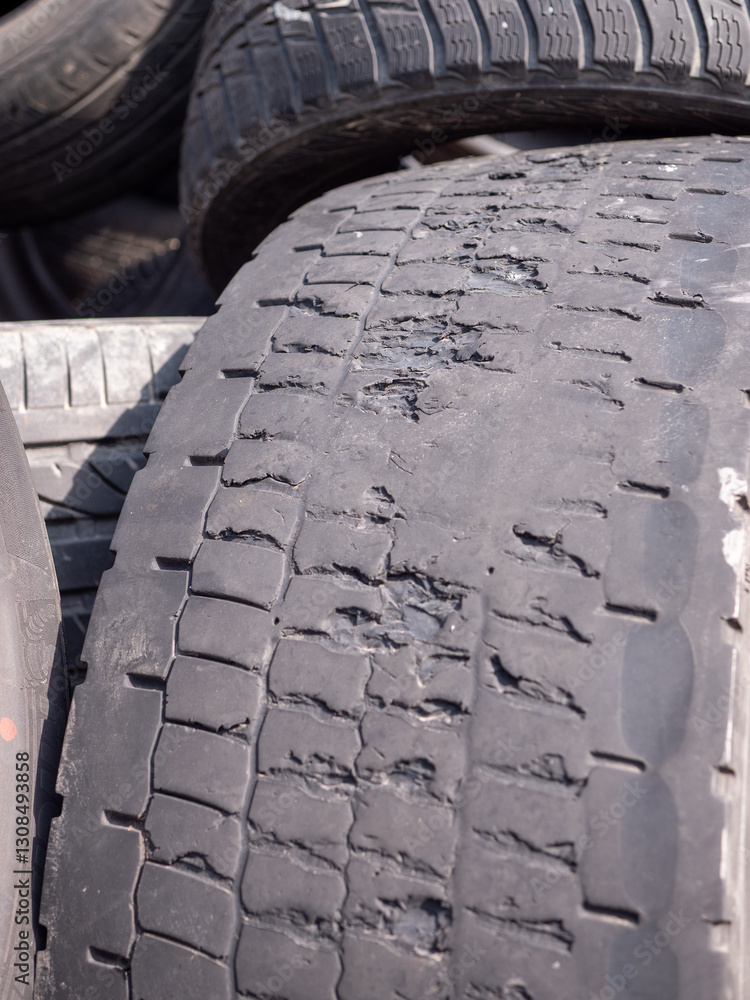A close-up of a several damaged tire with deep cracks and missing tread ...