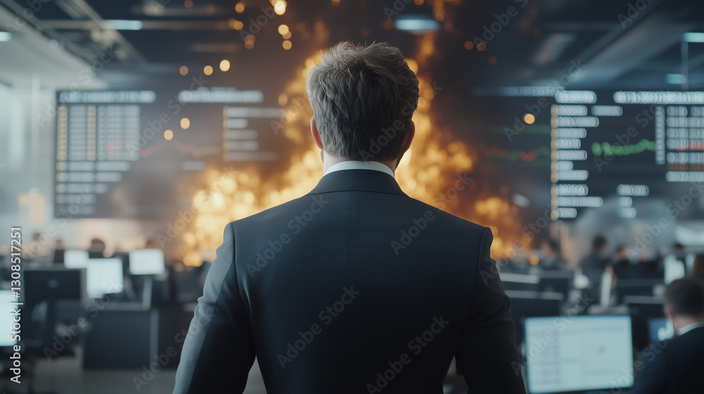 Man in Suit Witnessing Fire: A solitary man in a suit stands with his ...