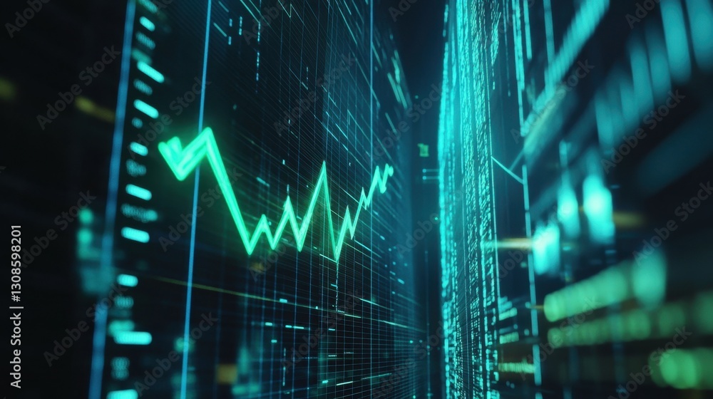 Stock market growth with a bold green arrow pointing up on a digital ...