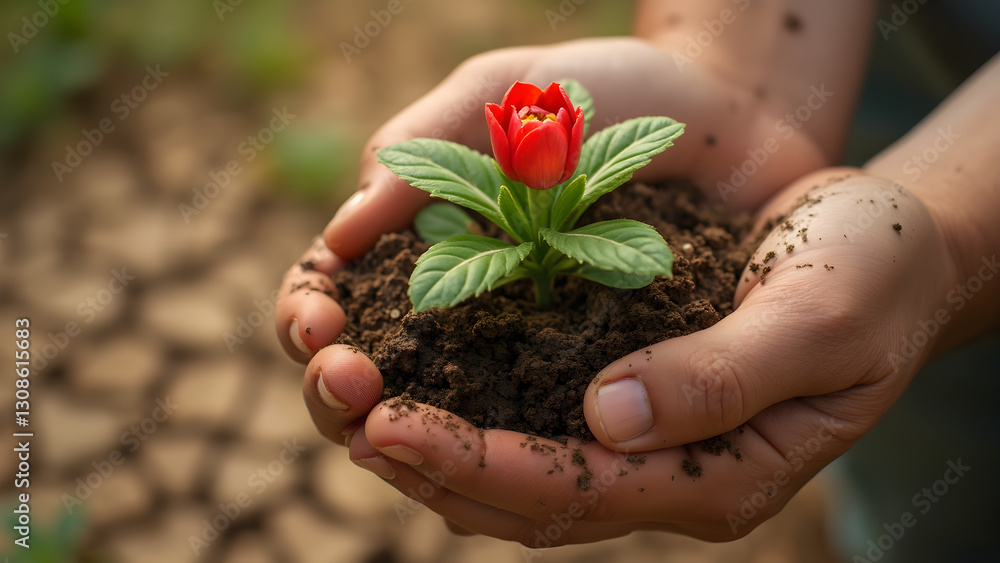 blooming plant in dry earth. climate change impact images. life vs ...