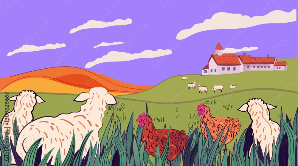 Farm animals pastoral scene sheep chickens grazing in green field with ...