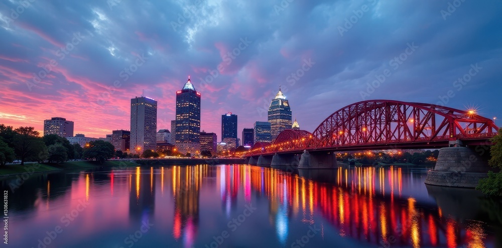 Cincinnati skyline panorama, Roebling Bridge spanning Ohio River ...