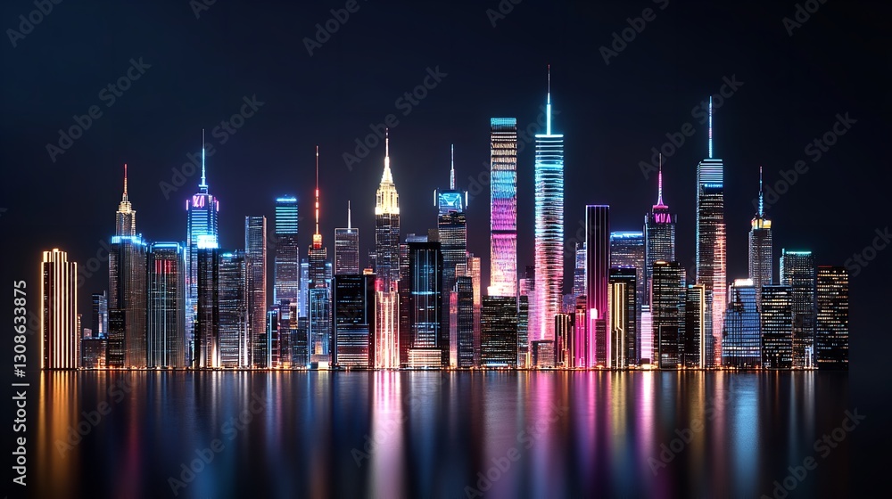 Vibrant Night Cityscape Skyline Modern Buildings Urban Night Lightscape ...