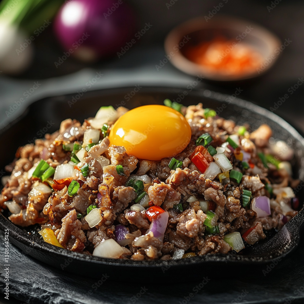Filipino sisig on a sizzling cast-iron plate with egg の Stock フォト ...