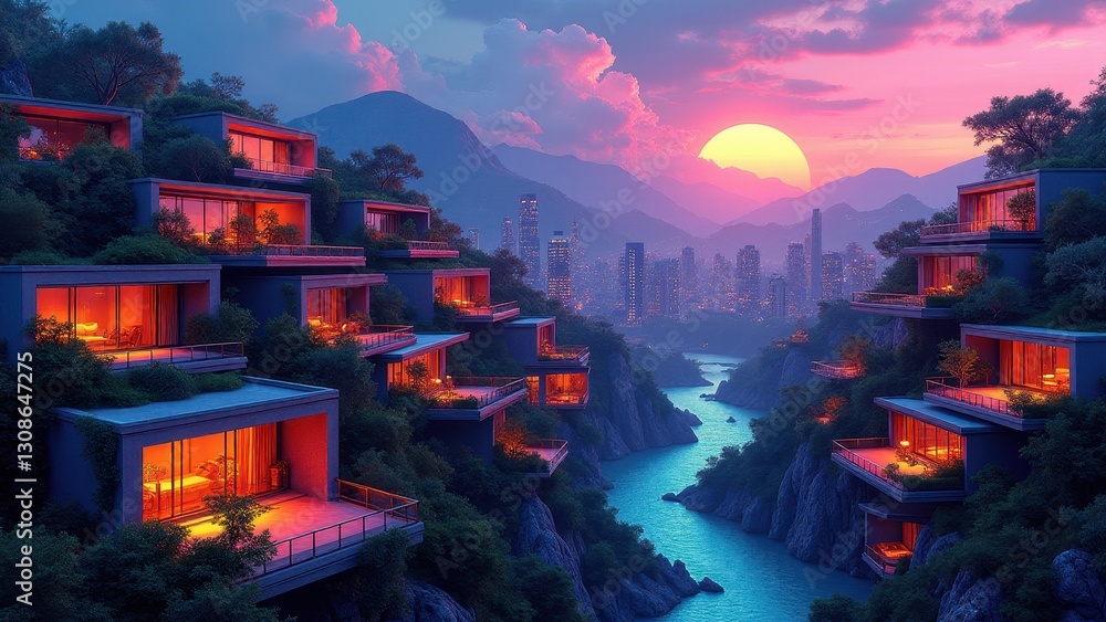 Sustainable design themes, A glowing eco-city with modular buildings ...