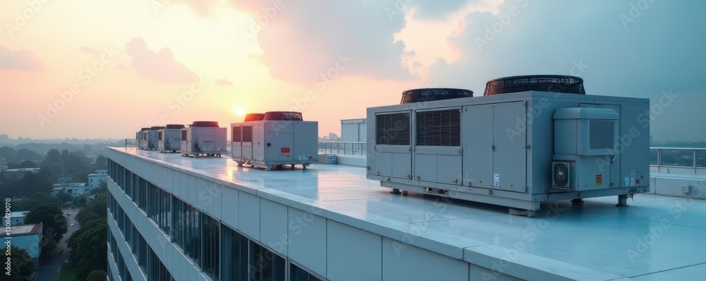 Massive rooftop air conditioning units on a commercial building , heat ...