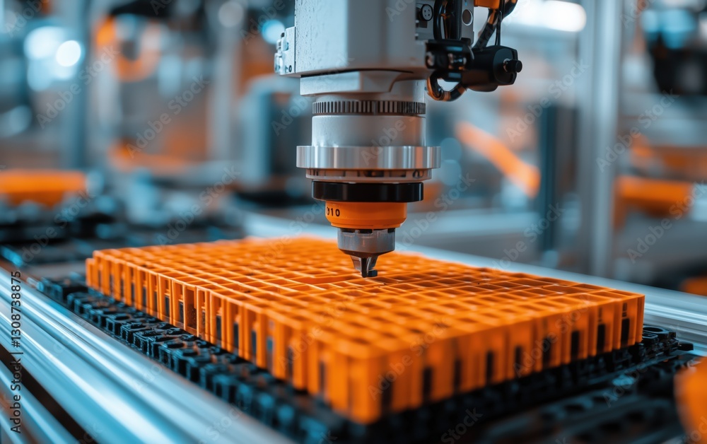 Automated Precision: A robotic arm swiftly sorts components into orange ...