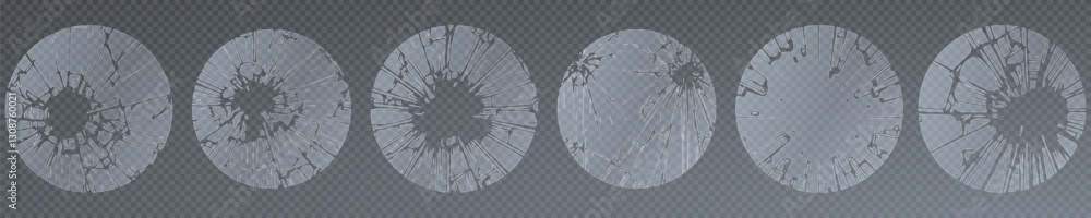 3d realistic vector icon. Broken glass, cracked hole with broken pieces ...