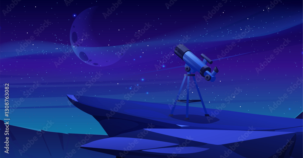 Telescope on mountain under starry night sky. Vector cartoon ...