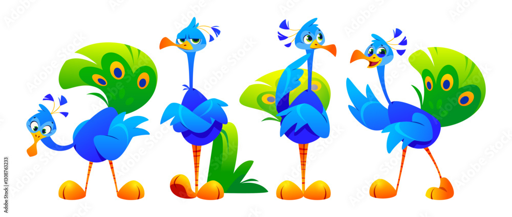 Cartoon peacock characters with cute expressions in different poses ...