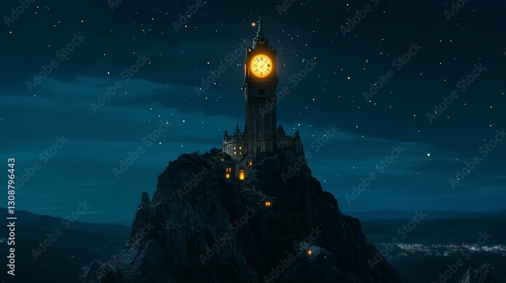 Celestial clock tower glowing at the top of a mountain, stars turning ...