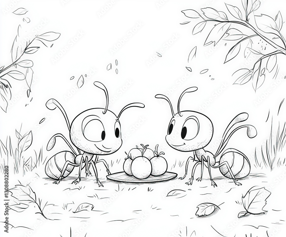 A cheerful picnic scene with ants and fruit, coloring page for kids ...