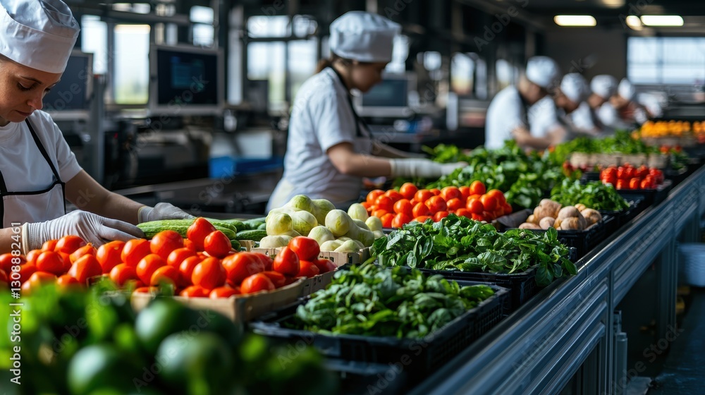Fresh Produce Processing with Chefs Working in a Busy Food Production ...