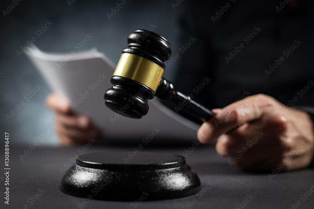 Judge with paper document pronouncing sentence in a court of law. Stock ...