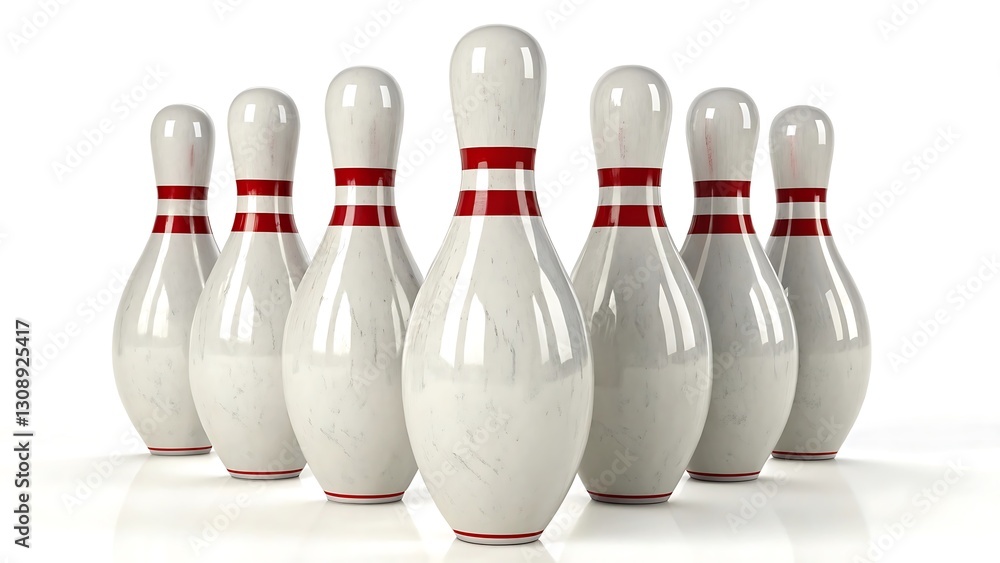 Classic bowling pins set white with red stripes for indoor sports and ...