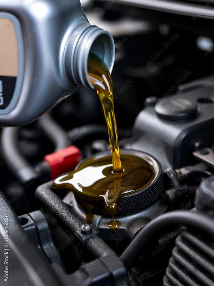 Close-up view of oil pouring into car engine. Maintenance work in ...