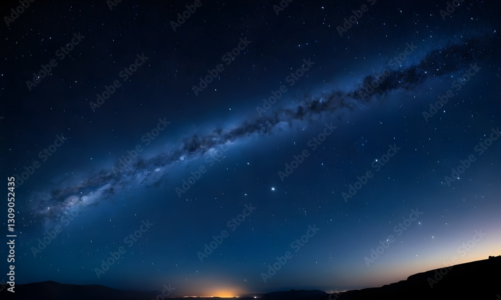 Starry night sky with the Milky Way stretching across the horizon ...