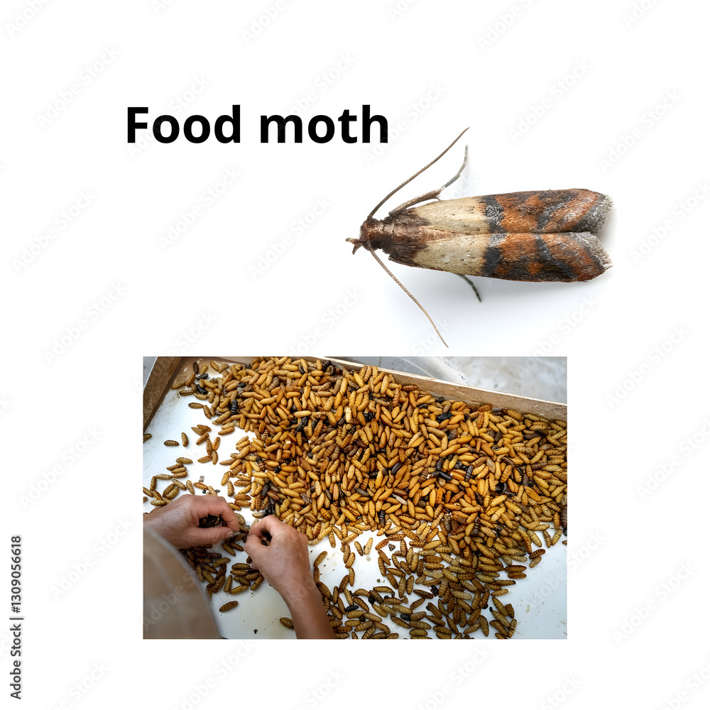 Food moth and its larvae causing damage to food products Stock Photo ...