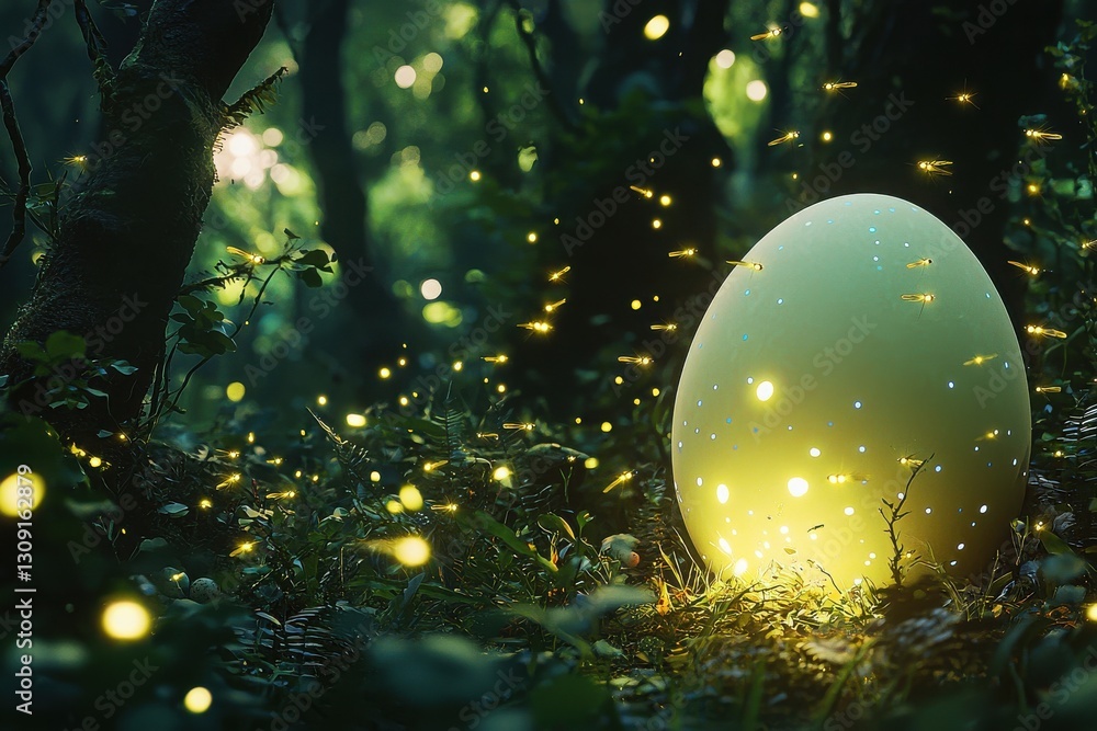 Enchanting scene of a glowing easter egg illuminated by fireflies in a ...
