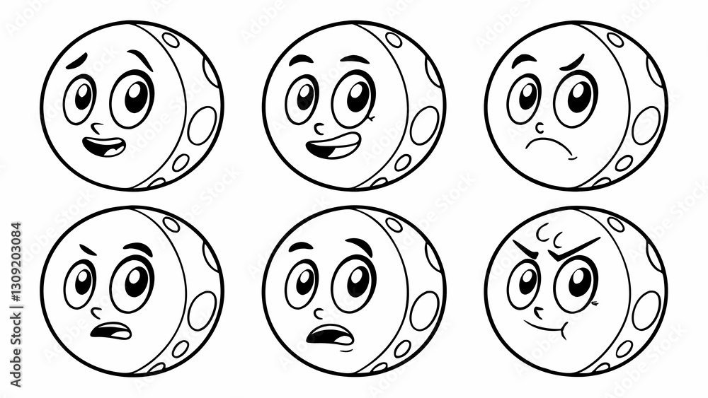 Cartoon Moon Face Line Art with Various Facial Expressions, Set of Cute ...