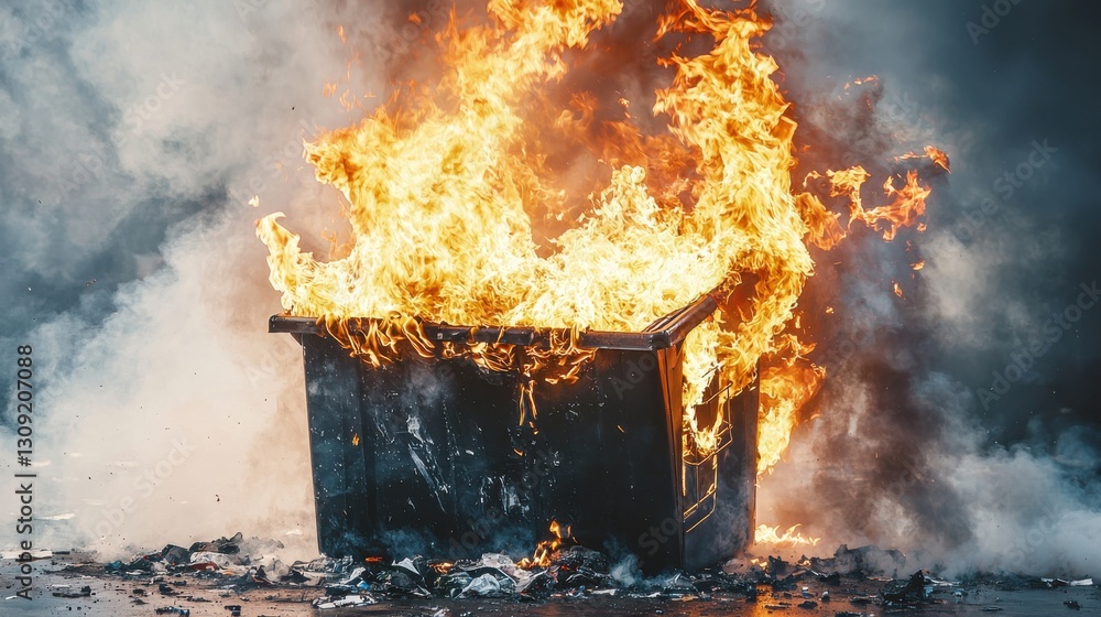 Burning dumpster on white background. Flames, smoke rise from rubbish ...