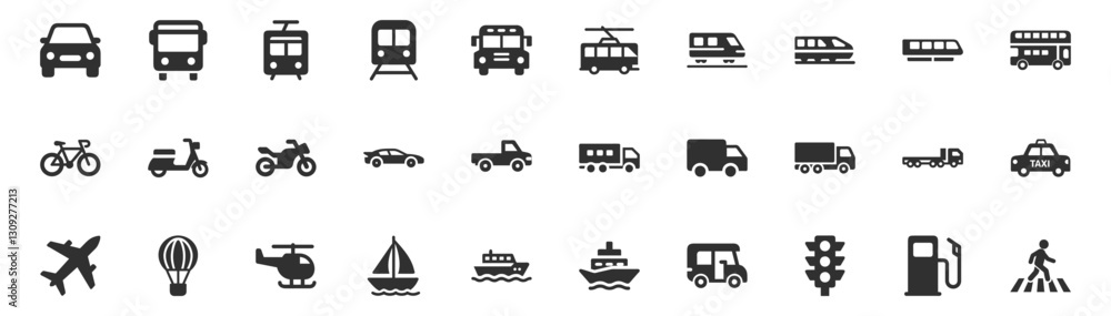 Transportation, vehicle icon set. Vector glyph pictograms of travel ...