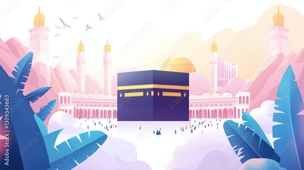 hajj concept, illustration of kaaba Mecca Saudi Arabia, holy mosque ...