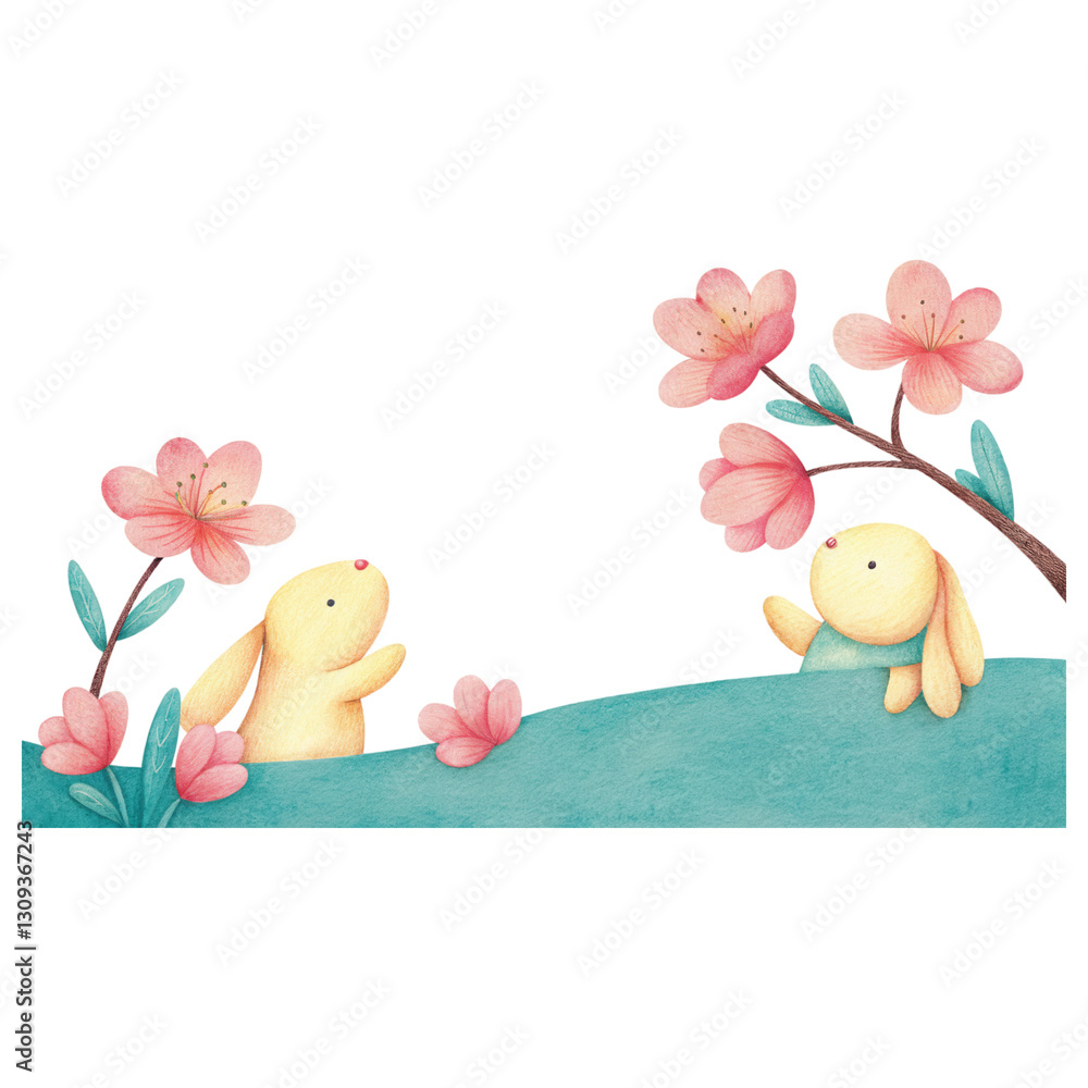 Cute watercolor illustration of two rabbits among cherry blossoms ...