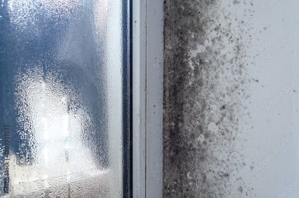 Hazardous black mold on damp wall by window frame indoors Stock Photo ...